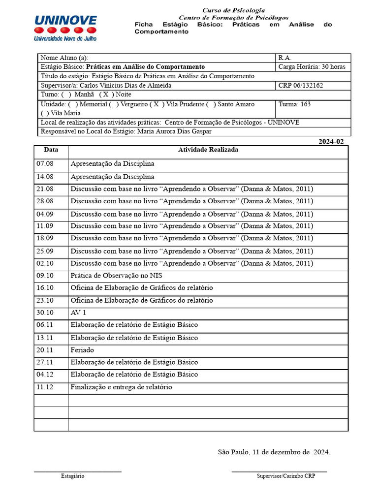 Ficha de Estágio Básico - PRAT. ANALISE DO COMPORTAMENTO 2022-2 | PDF