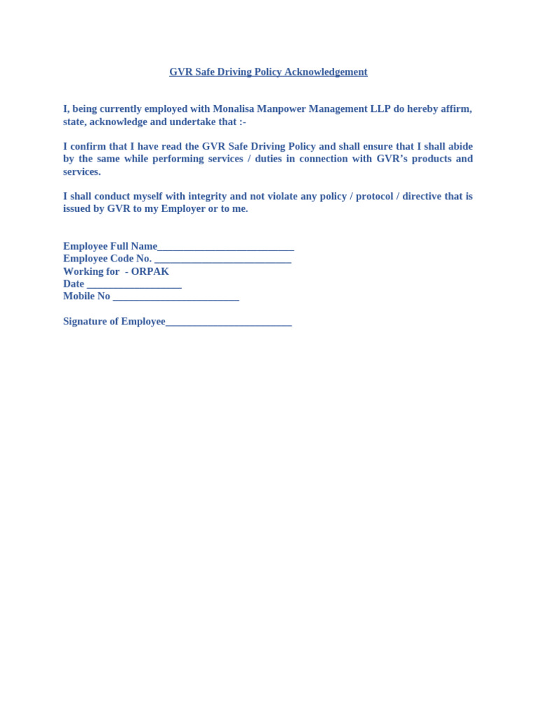 GVR Safe Driving Policy Ack | PDF
