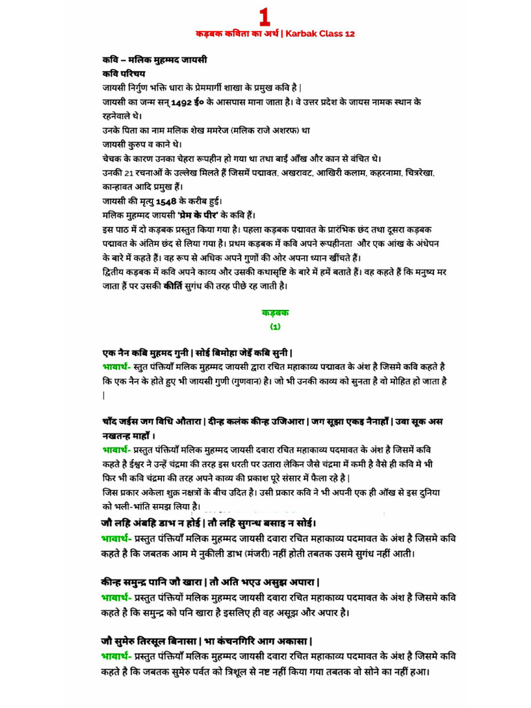 Hindi Poem Summary Bihar Board | PDF