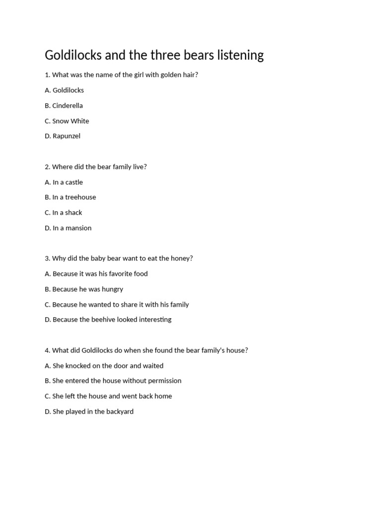 Goldilocks and Princess Quiz Answers | PDF | Fairy Tales