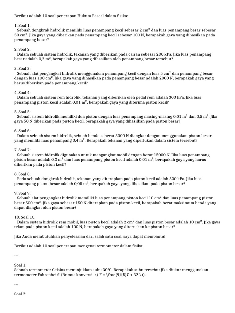 Berikut Adalah 10 Soal Penerapan Hukum Pascal Dalam Fisika | PDF