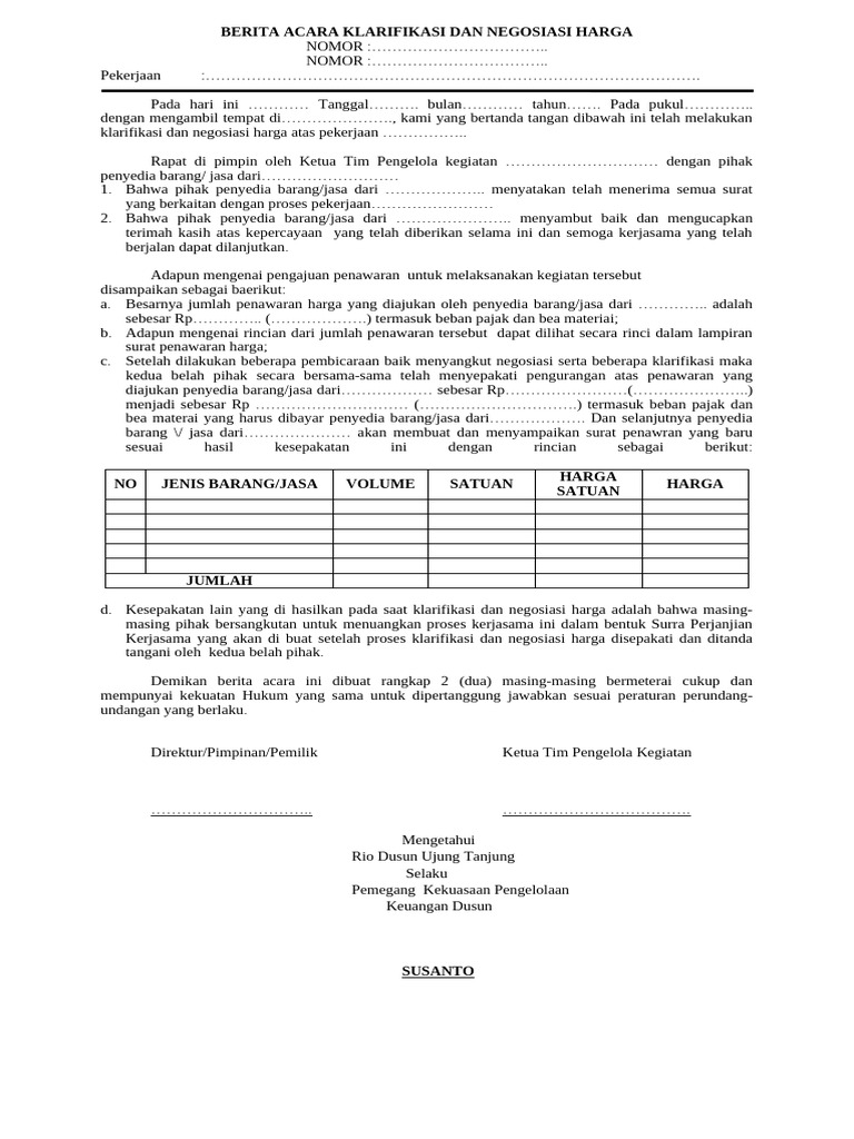 Berita Acara Negosiasi Harga Barang/Jasa | PDF
