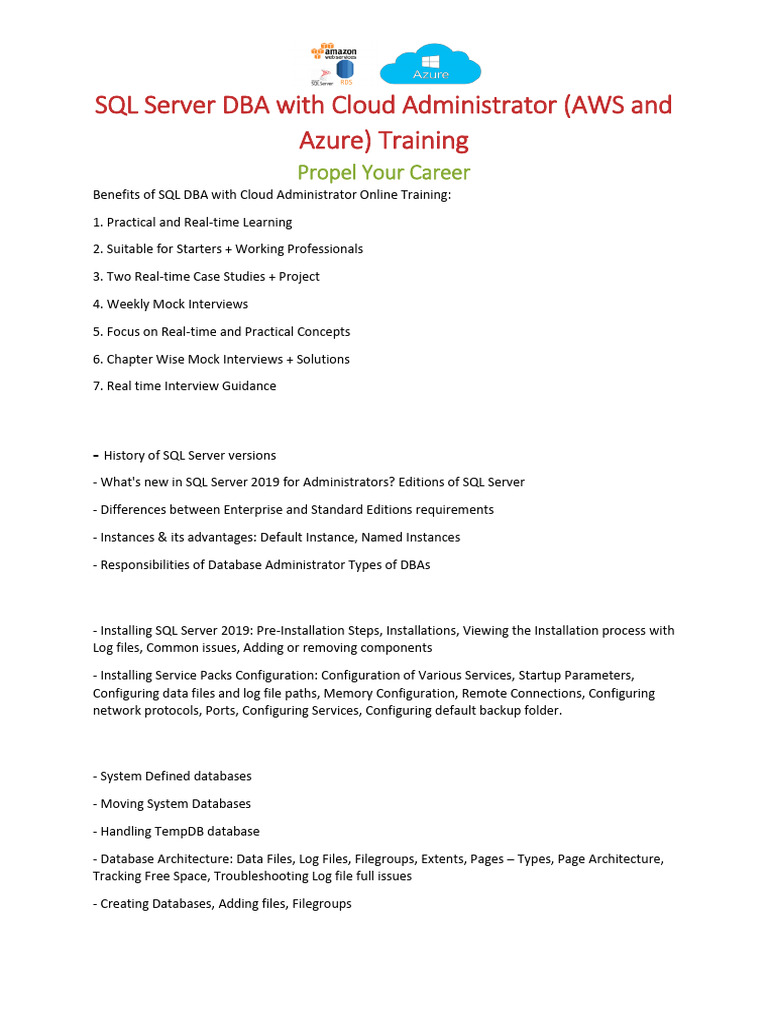 SQL Server DBA Training With CLoud (AWS and Azure) | PDF | Databases | Microsoft Sql Server