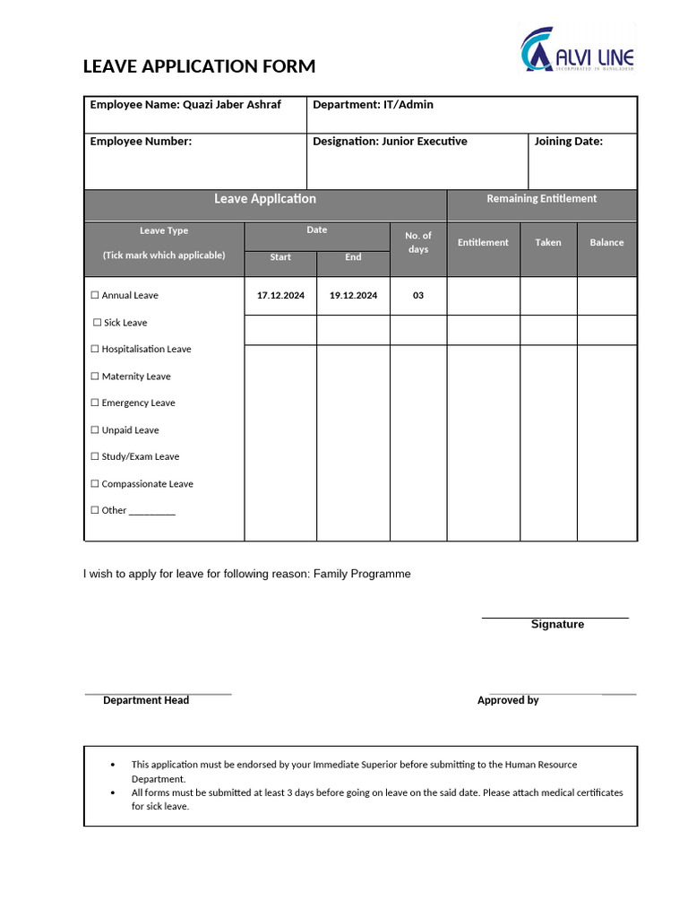 Leave Application Form-Alvi | PDF