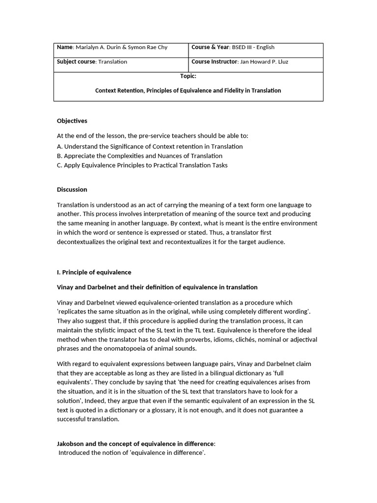 Context Retention, Principles of Equivalence and Fedility (Marialyn ...
