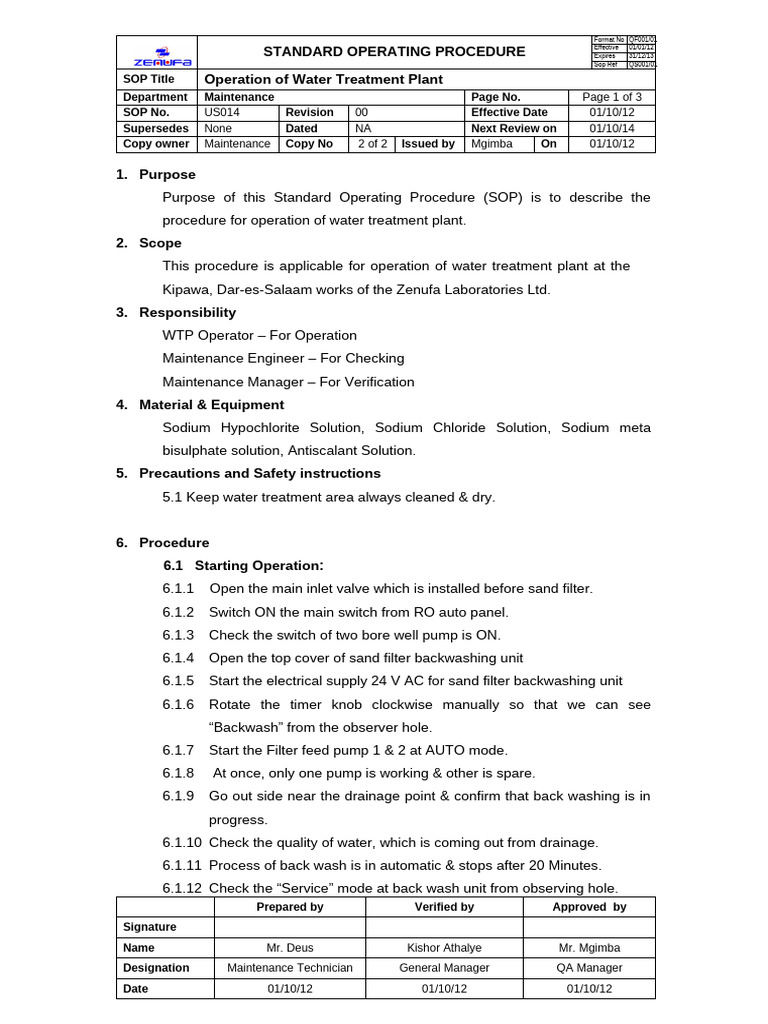 Water Treatment Plant SOP Guide | PDF | Pump | Sodium