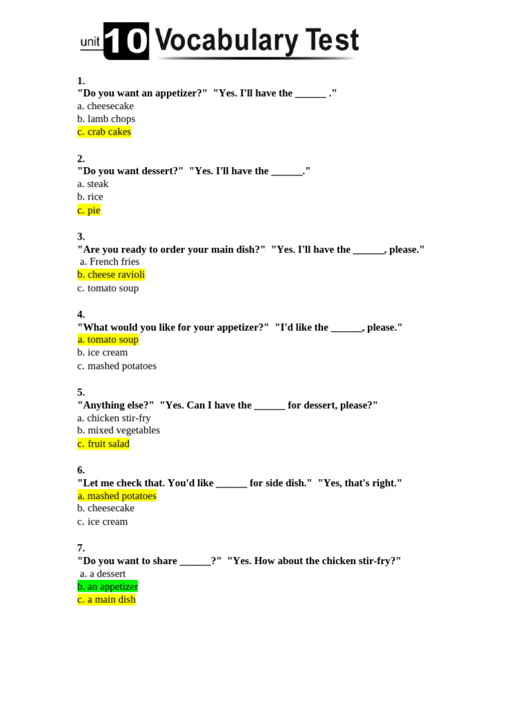 10 Vocabulary Test AYUDA | PDF