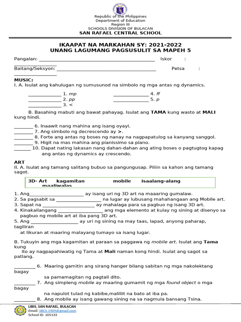 Q4 1st Sum MAPEH 5 With TOS, Performance Task With Rubrics | PDF