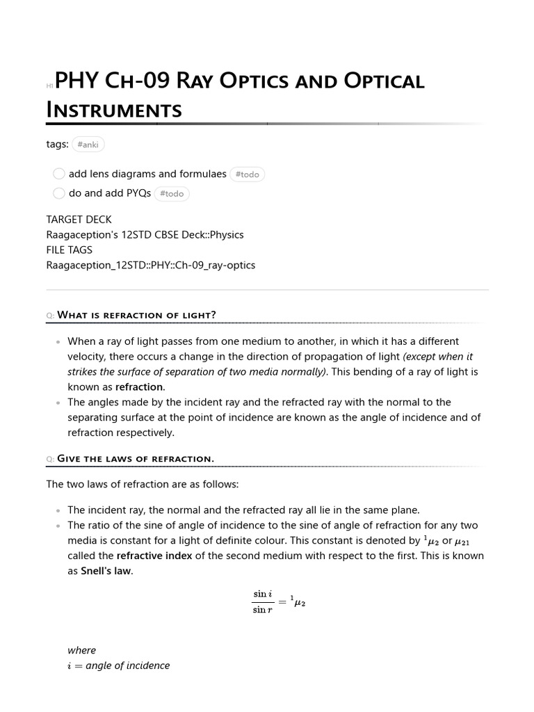 PHY Ch-09 Ray Optics and Optical Instruments | PDF | Refraction | Refractive Index