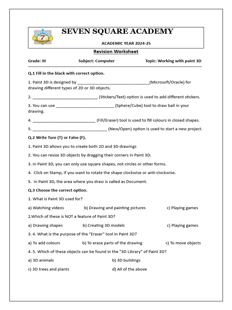 Paint 3D Worksheet for Grade 3 | PDF | 3 D Computer Graphics | Drawing