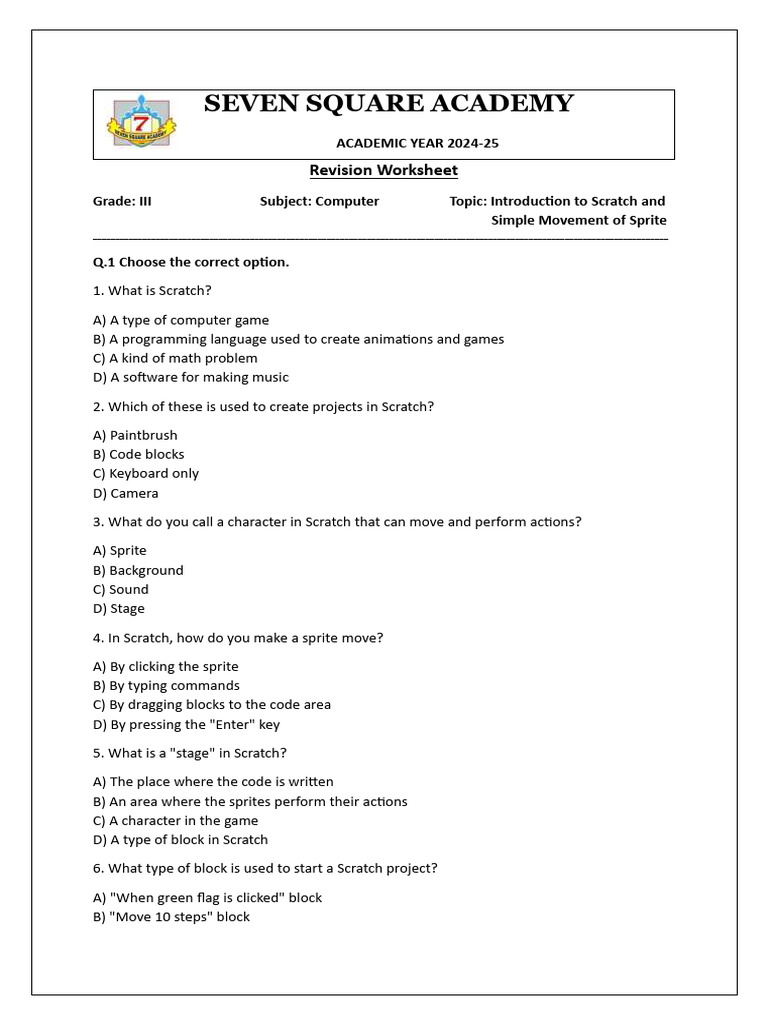 Grade3- Scratch3 - Revision Worksheet | PDF | Scratch (Programming Language) | Computing