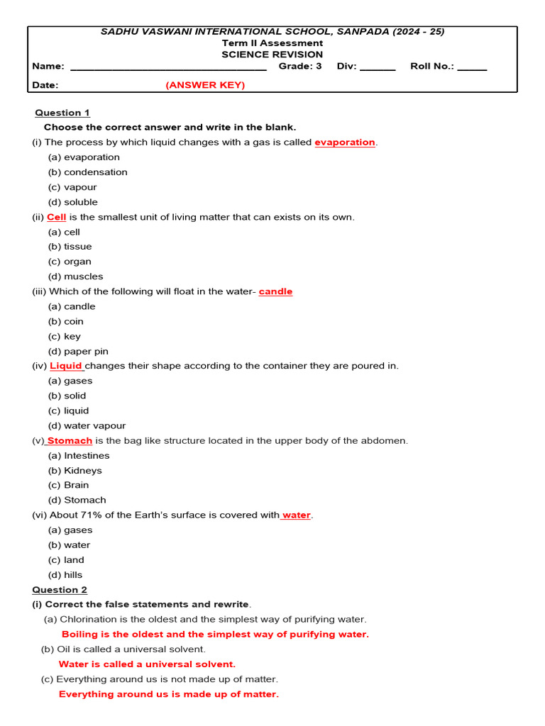 ANS-KEY Gr. 3 Science Revision | PDF | Water | Liquids