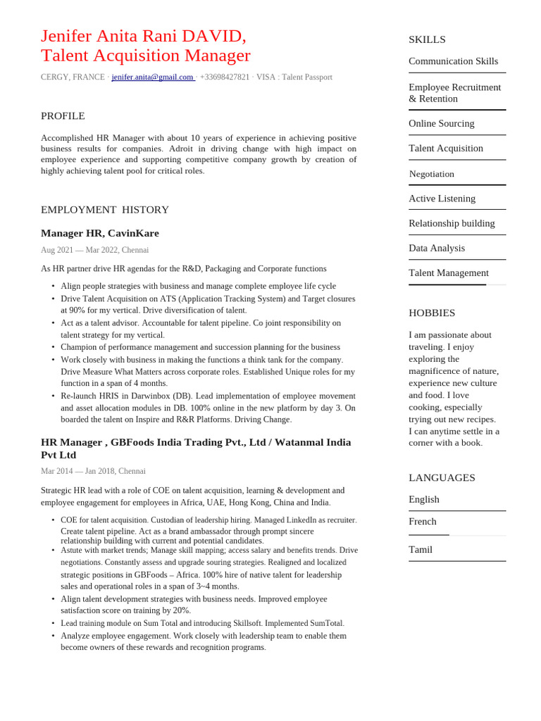 Jenifer Anita Rani DAVID - Talent Acquisition Manager | PDF | Human ...