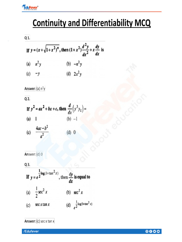MATHS Chapter 5 Continuity and Differentiability MCQ | PDF