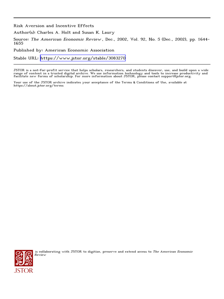 HoltLaury (2002) RiskAversion | PDF | Risk Aversion | Risk