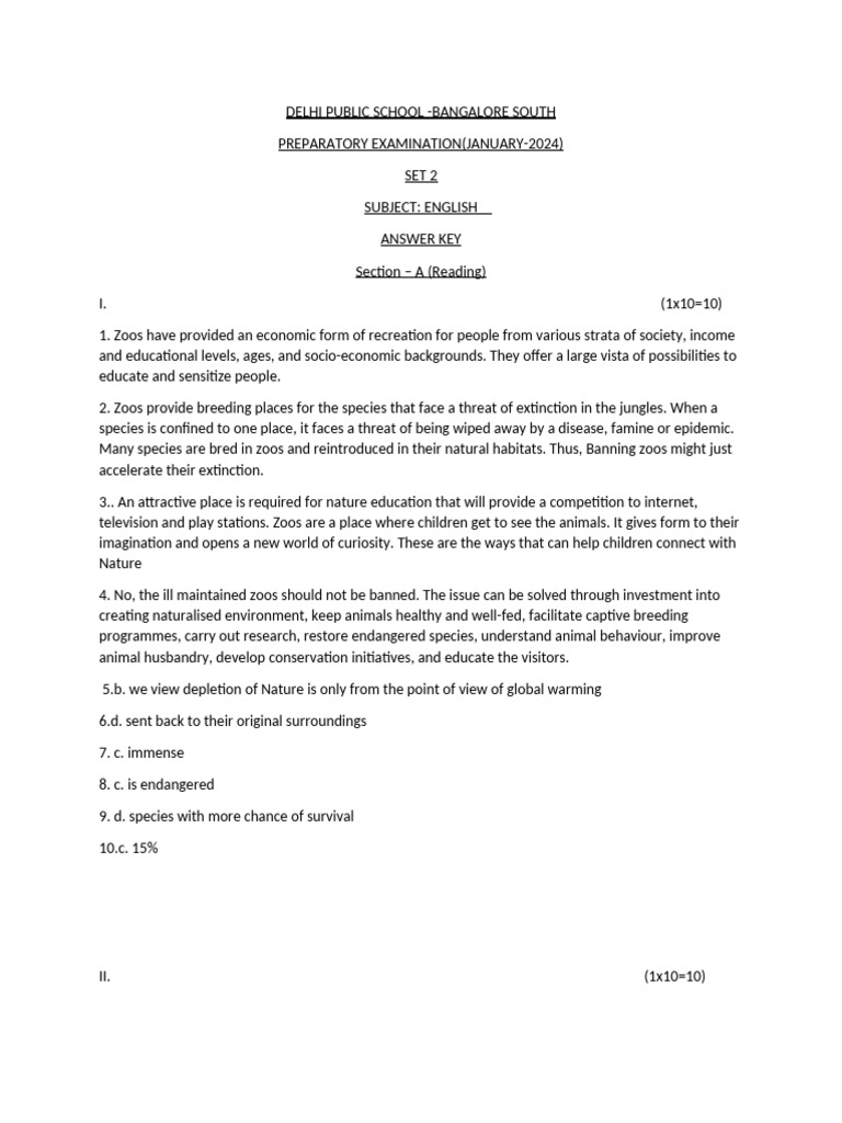 Answer Key Grade 9 Preparatory Exam Set 2 | PDF | Zoo | Endangered Species
