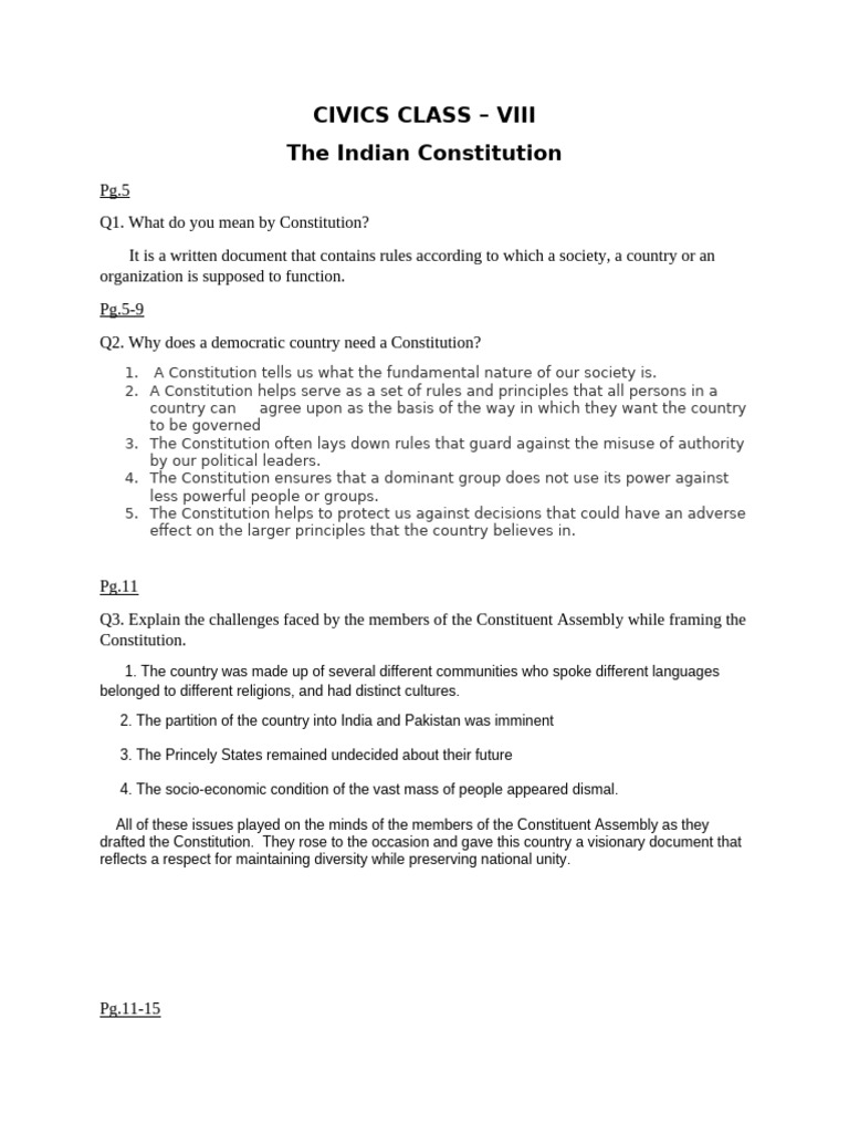 The Indian Constitution CW Class 8 | PDF | Separation Of Powers | Government