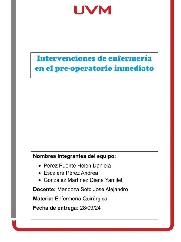 Intervenciones de Enfermería en El Pre-Operatorio Inmediato | PDF ...