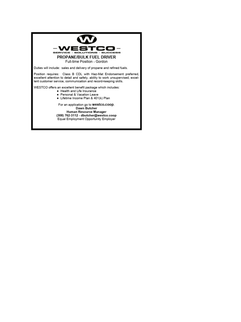 Help Wanted - Propane-Bulk Fuel Driver - Gordon 2-22 | PDF