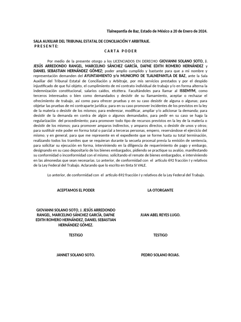 Carta Poder Laboral Juan Abel | PDF | Justicia | Crimen y violencia
