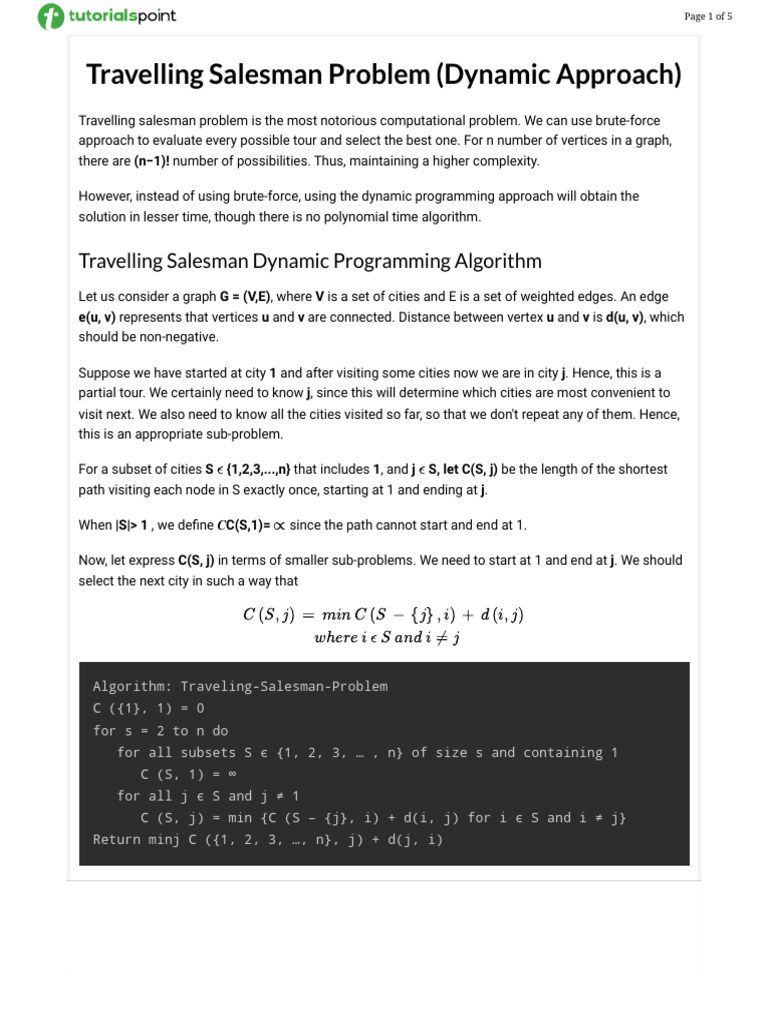 Travelling Salesman Problem (Dynamic Approach) | PDF | Mathematical Concepts | Computational ...