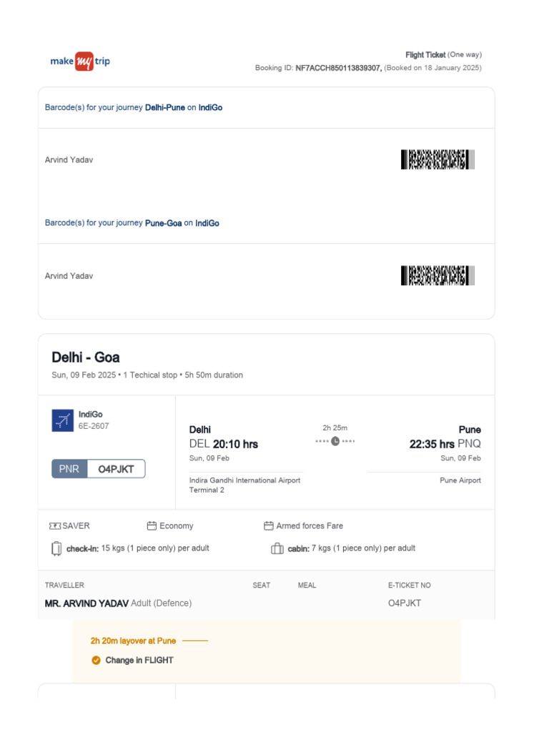 IndiGo Flight Ticket Details for Arvind Yadav | PDF | Identity Document ...
