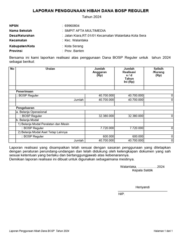 Laporan Penggunaan Dana BOSP 2024 | PDF