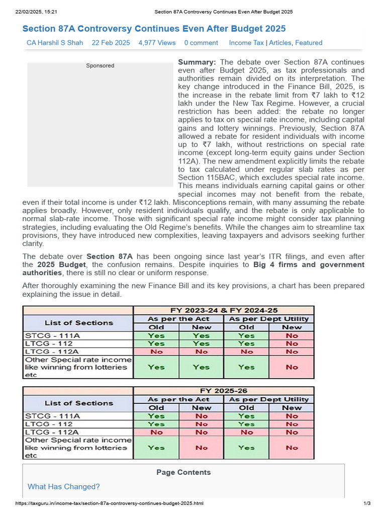 Section 87A Controversy Continues Even After Budget 2025 | PDF | Tax ...