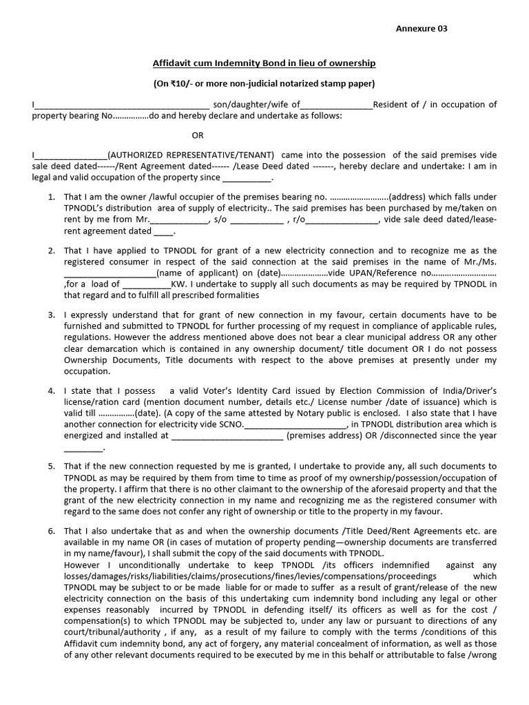 Annexure 03 (TPNODL-IMS-CMG-F03) - Indemnity Bond in Lieu of Proof of ...