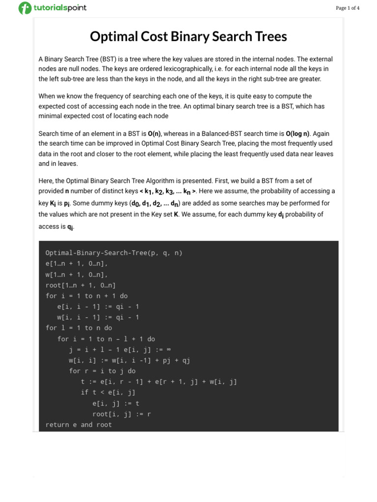 Optimal Cost Binary Search Trees Explained | PDF | Applied Mathematics ...