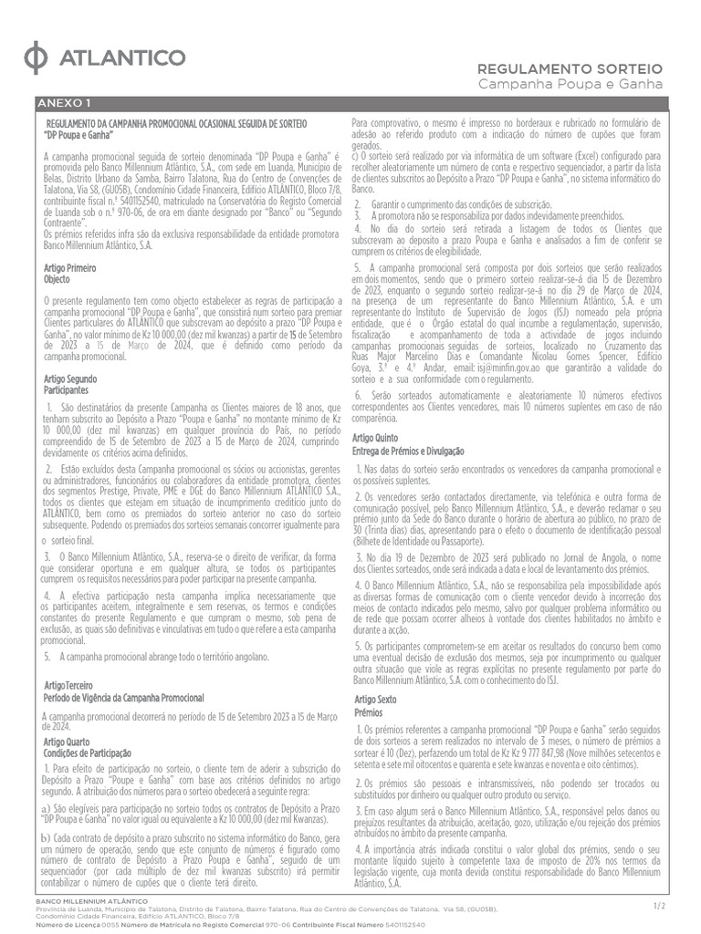 Regulamento Sorteio Campanha Poupa e Ganha | PDF