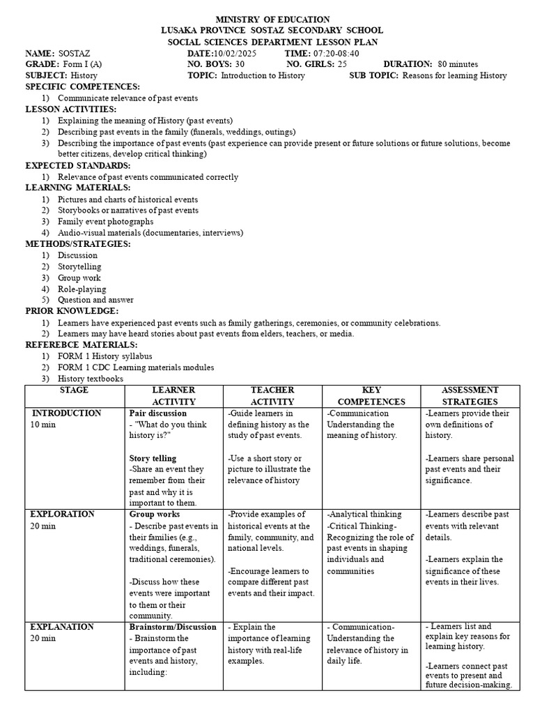 History Lesson Plan for Form I | PDF | Learning | Lesson Plan