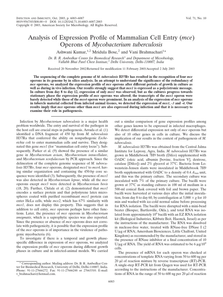 Analysis of Expression Profile of Mammalian Cell Entry (Mce) Operons of ...