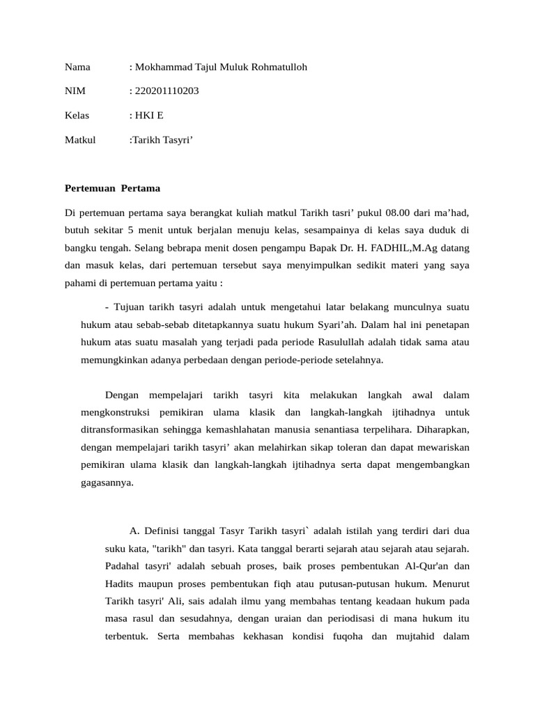 Diary & Resume Tarikh Tasri' M Tajul Muluk R-HKI E | PDF