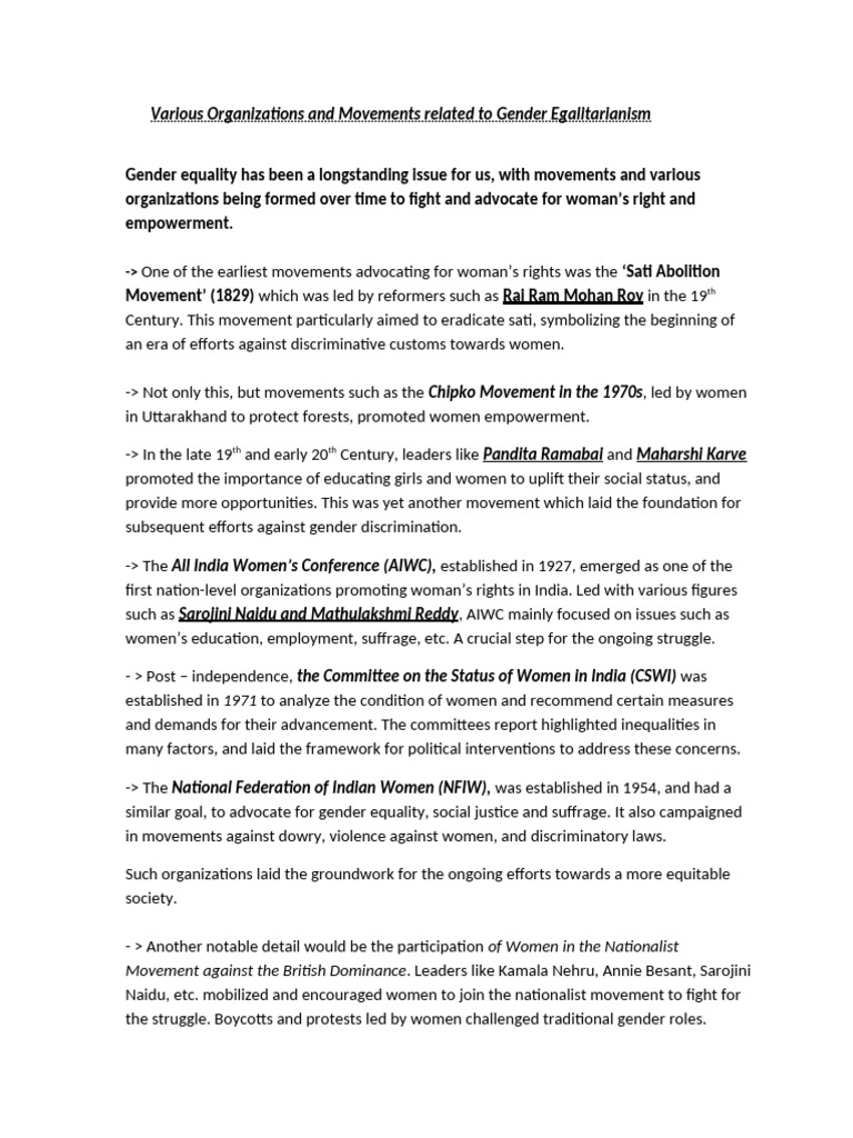 Various Organizations and Movements Related To Gender Egalitarianism | PDF