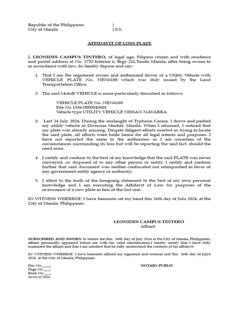 Affidavit of Lost Vehicle Plate | PDF | Affidavit | Legal Procedure