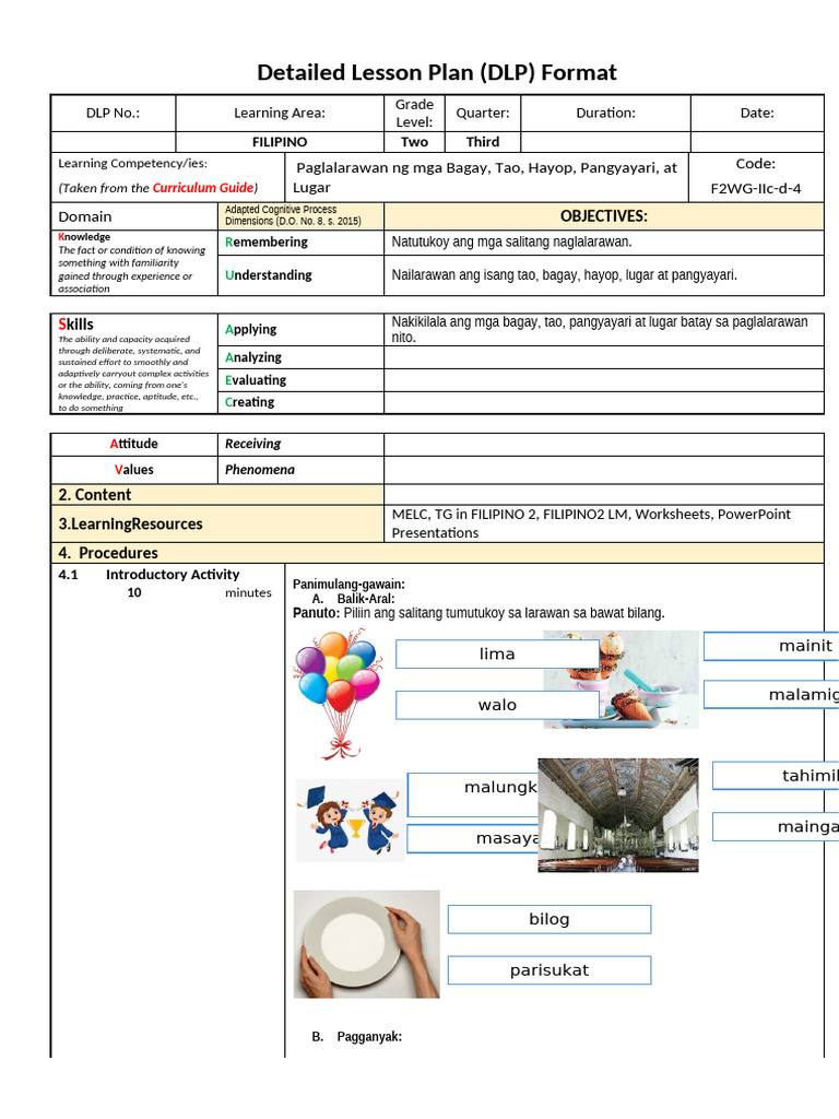 GRADE 2 DLP Q3 FILIPINO 2 Paglalarawan NG Mga Bagay Tao Pangyayari at Lugar | PDF