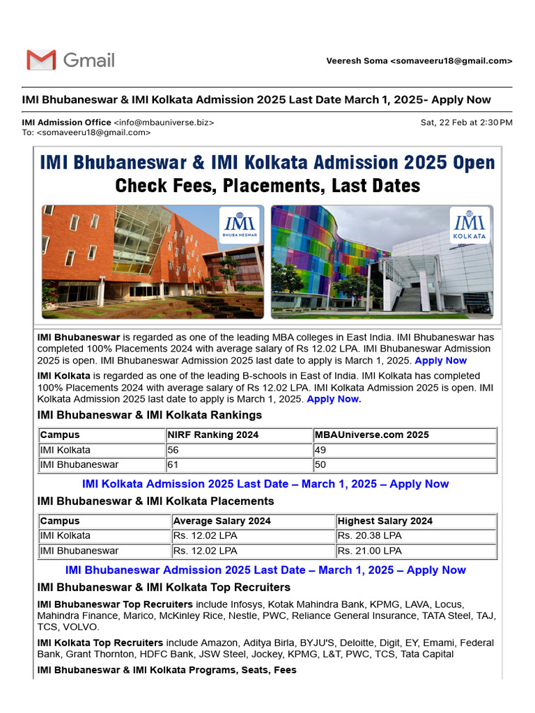IMI Bhubaneswar & IMI Kolkata Admission 2025 Last Date March 1, 2025 ...