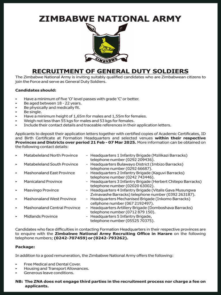ZNA General Duty Soldier Recruitment 2025 | PDF | Zimbabwe | Military ...