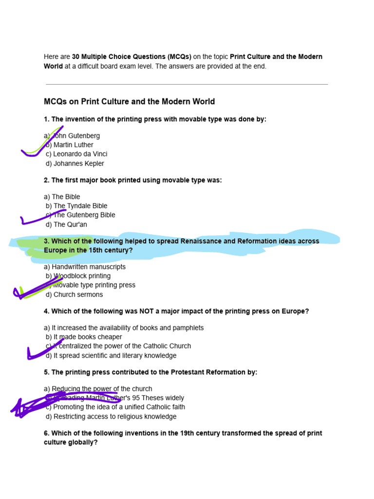 Print Culture and Modern World 50 Mcqs | PDF | Printing | Printing Press