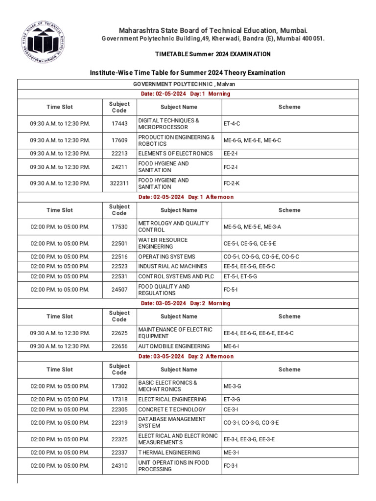 MSBTE Summer 2024 Exam Timetable | PDF | Engineering