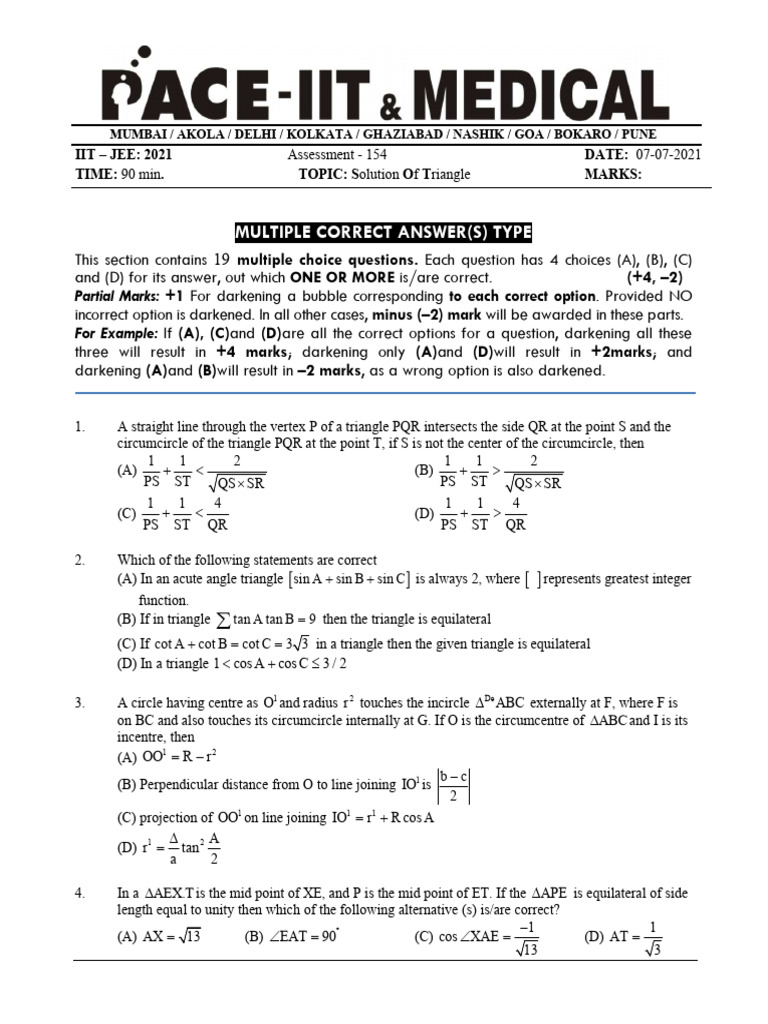 Assessment - 154 (Solution of Triangle) Question Paper | PDF | Euclid ...