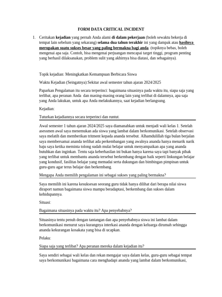 FORM DATA CRITICAL INCIDENT | PDF