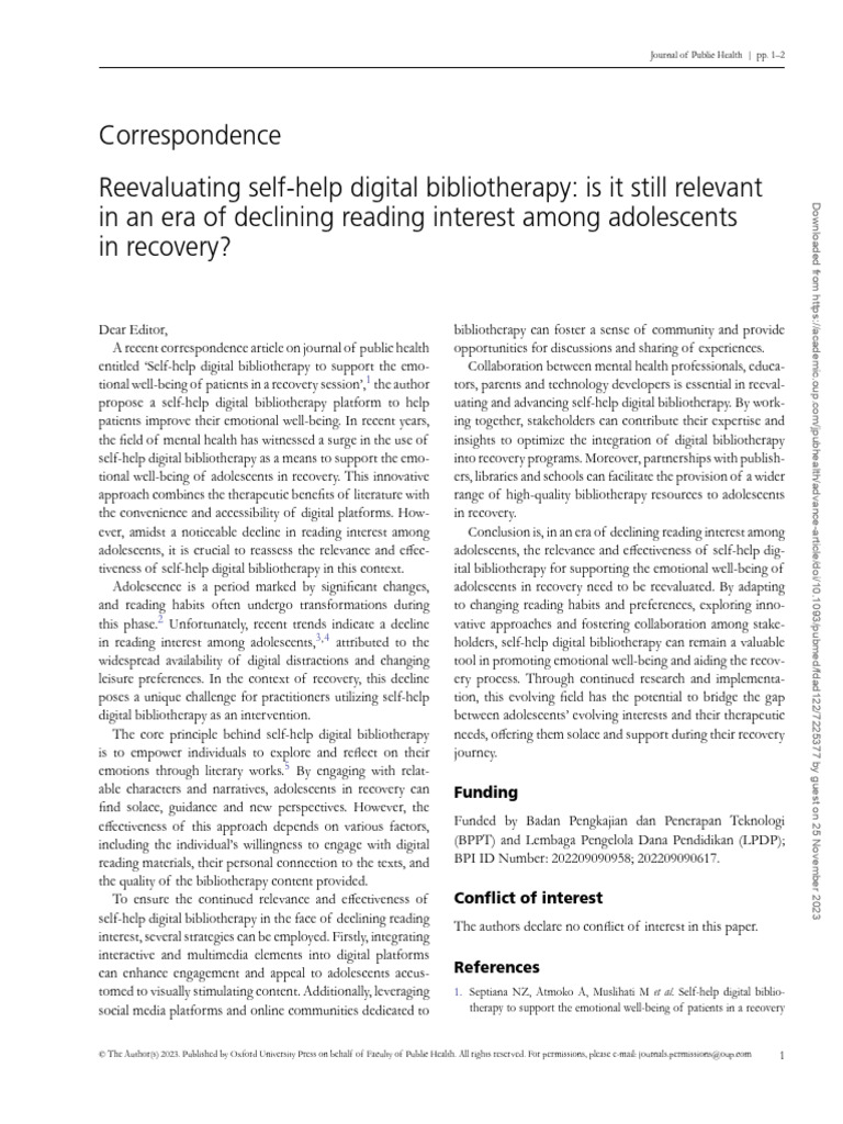 Reevaluating self-help digital bibliotherapy | PDF | Self Help | Adolescence