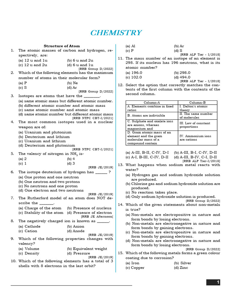Chemistry Quiz: Atomic Structure & Properties | PDF | Carbon | Acid