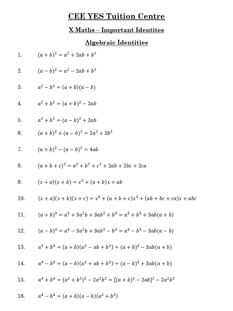10th Maths Algebraic & Trigonometric Identities | PDF | Trigonometric Functions | Combinatorics