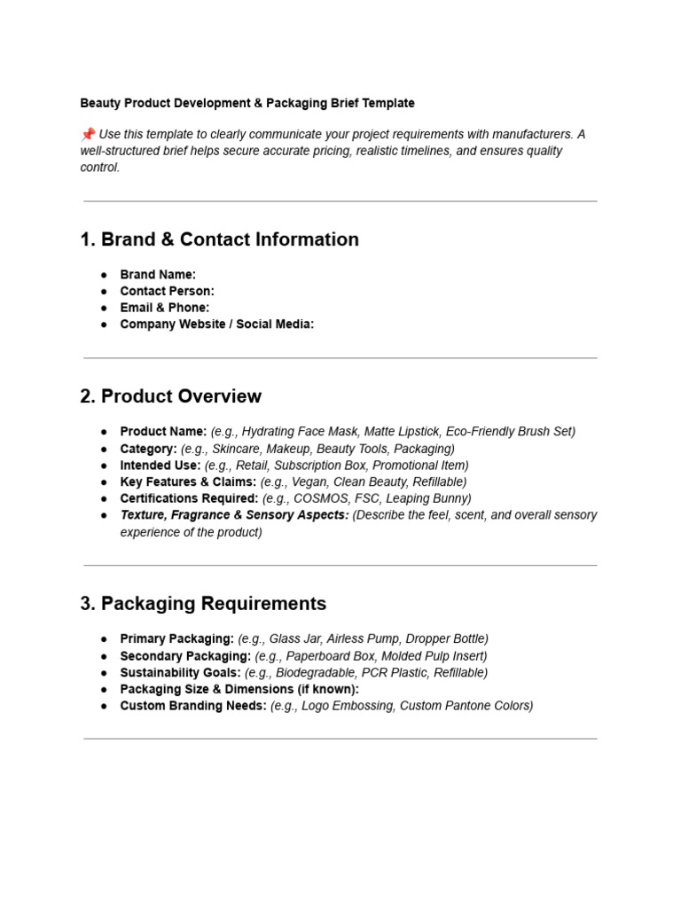 Beauty Product Development & Packaging Brief Template | PDF | Cosmetics