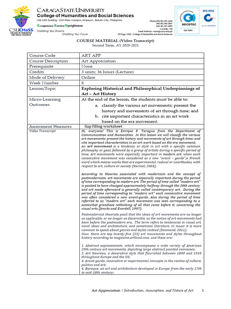 Video Transcript Art App - Week8 | PDF | Liberal Arts Education ...