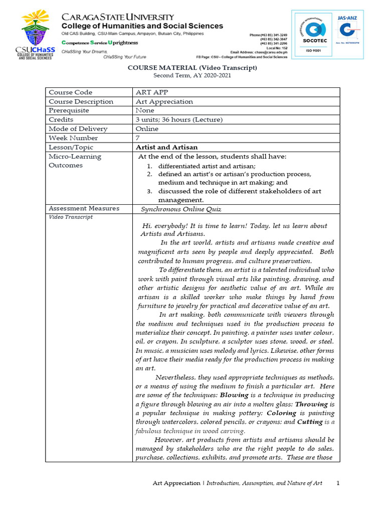 Video Transcript Art App - Week 7 | PDF | Paintings | Liberal Arts ...