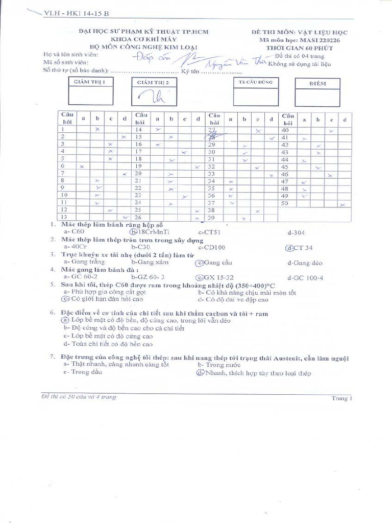 De Thi Cuoi Ky Mon Vat Lieu Hoc SPKT 5 | PDF